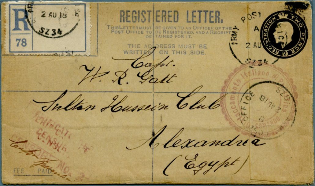 2-8-1918 Reg Army letter of Italian Detachment from Jaffa to Alexandria ...